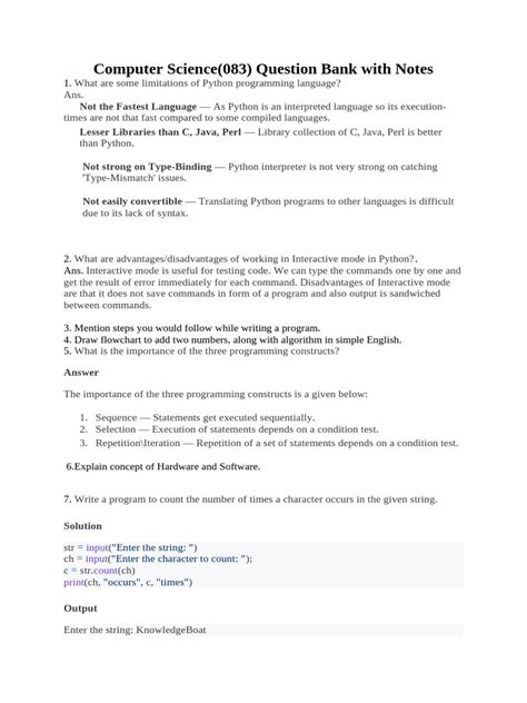 Cs Cbse Notes With Questions Bank Pdf Control Flow Python Programming Language