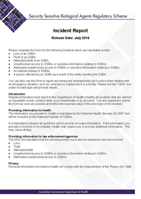 SSBA Form Incident Report Australian Government Department Of Health Disability And Ageing