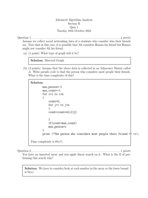 Quiz 1 B Solution Pdf Time Complexity Graph Theory