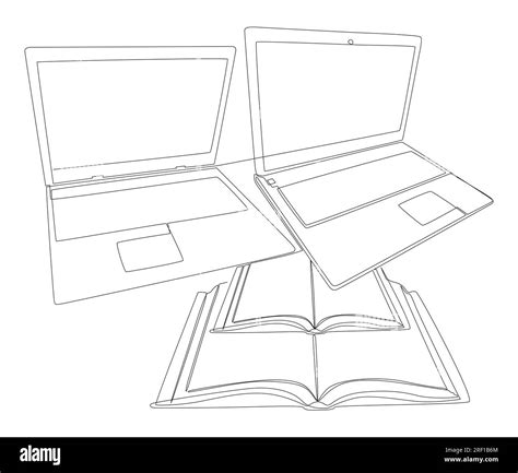 One Continuous Line Of Laptop With Books Thin Line Electronic Education Illustration Vector