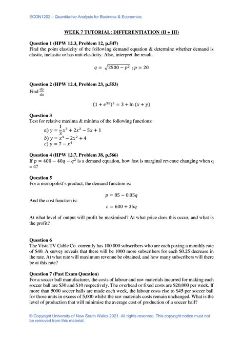 Week 7 Tutorial Questions For Calculus Econ1202 Quantitative