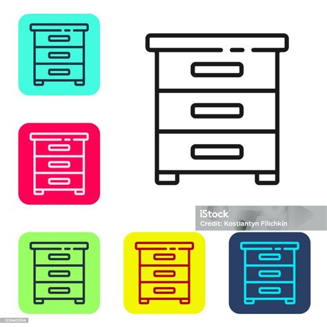 흰색 배경에 격리 된 문서 아이콘이있는 검은 색 선 서랍 아카이브 용지 서랍 파일 캐비닛 서랍 사무용 가구 색상 정사각형 버튼으로 아이콘을 설정합니다 벡터 일러스트레이션