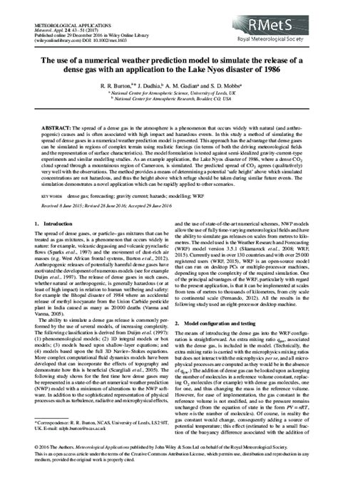 Pdf The Use Of A Numerical Weather Prediction Model To Simulate The Release Of A Dense Gas
