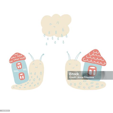 집과 비오는 구름이있는 두 개의 귀여운 달팽이의 손으로 그린 벡터 그림 스크랩북 인사말 카드 포스터 섬유 및 인쇄에 적합합니다 장식과 디자인을 위한 낙서 스타일