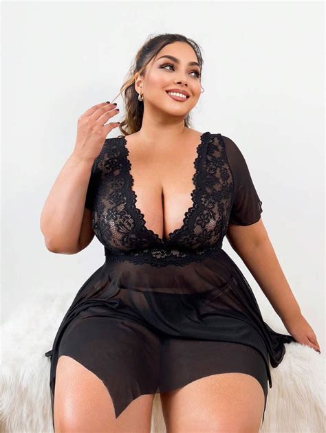 Classic Sexy Plus Contrast Lace Mesh Dress With Thong Shein Usa