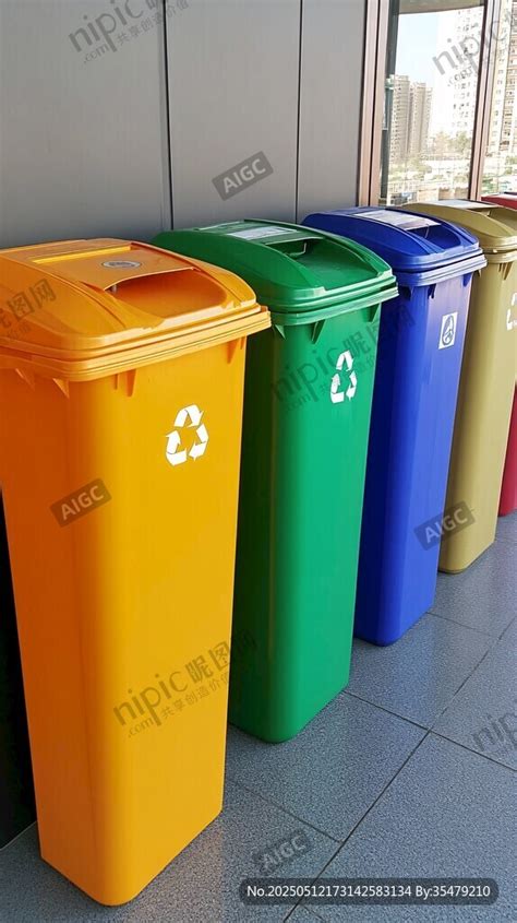 Ai创作图垃圾桶 分类 多彩 黄色 绿色 蓝色 米色 回收标志 室内 排列 整齐 容器 环保 废物处理 标识 昵图网