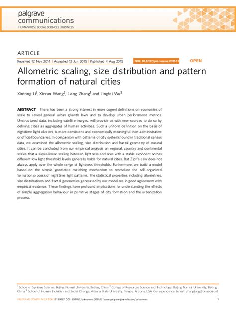 Pdf Allometric Scaling Size Distribution And Pattern Formation Of Natural Cities Xintong Li