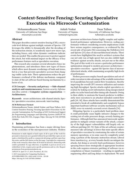 Pdf Context Sensitive Fencing Securing Speculative Execution Via Microcode Customization