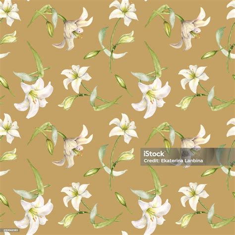 꽃 파스텔 색상 완벽 한 패턴 베이지 색에 고립되어 있습니다 흰 백합 수채화 배경입니다 백합과 나뭇잎을 배경으로 합니다 결혼식 초대장 세례식 부활절 카드 섬유를 위한 꽃