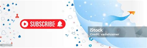 종이 비행기와 버튼과 벨 아이콘 배너를 구독합니다 소셜 네트워크의 아이콘과 배경에 소셜 미디어에서 채널 및 비디오 블로그에 대한 빨간색 버튼 플랫 벡터 일러스트 Eps10