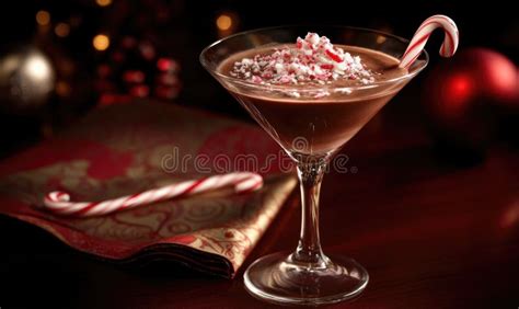 A Martini Glass Filled With A Chocolate Drink With A Candy Cane On Top