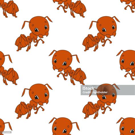 행복한 개미 귀여운 만화 캐릭터와 색이 매끄러운 패턴 흰색 배경에 격리 된 간단한 평면 벡터 그림입니다 디자인 벽지 직물 포장지 표지 웹 사이트 개미에 대한 스톡 벡터 아트
