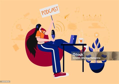테이블 플랫 벡터 그림이있는 라디오 호스트입니다 팟 캐스트 개념입니다 미디어 호스팅 스튜디오에서 팟 캐스트를 녹음 헤드폰여자 팟 캐스트 비문명판을 들고 팟 캐스터 낱말에