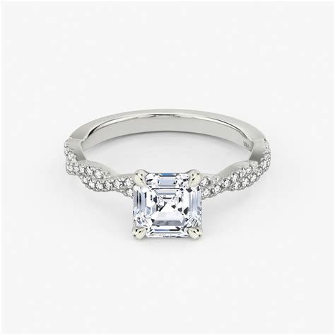 Twisted Classic Solitaire Asscher Engagement Ring Double Pavé Band 18k White Gold