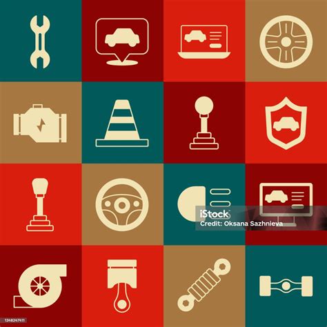 섀시 자동차 진단 조건 방패가있는 자동차 교통 콘 체크 엔진 렌치 스패너 및 기어 시프터 아이콘을 설정합니다 벡터 기어 기계 부분에 대한 스톡 벡터 아트 및 기타 이미지