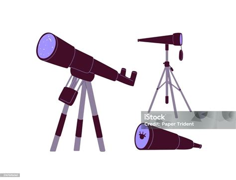 삼각대 세트에 천문학 망원경 발견을 위한 과학 도구 우주를 위한 탐사 하늘 관찰을 위한 플라네타륨 망원경 광학 유리 스코프 흰색에 평평한 고립 된 벡터 그림