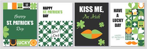 해피 세인트 패트릭의 날 기하학적 추상 포스터 인사말 카드 배너 판매 프로모션 템플릿의 세트입니다 벡터 모자이크 배경 와 A Leprechaun 모자 클로버 금화 맥주 와