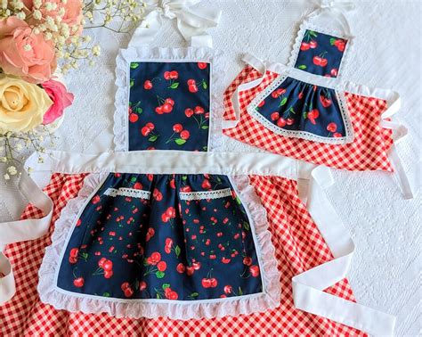 Girls Cherry Aprons Doll Apron Matching Apron Afternoon Tea Party Etsy