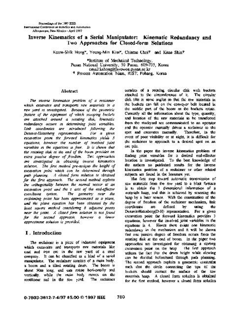 Pdf Inverse Kinematics Of A Serial Manipulator Kinematic Redundancy