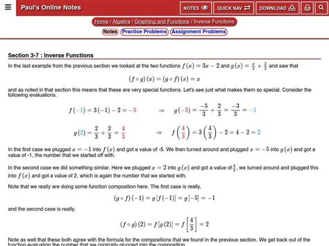 Pauls Online Notes Algebra Inverse Functions Handout For 9th 10th Grade Lesson Planet
