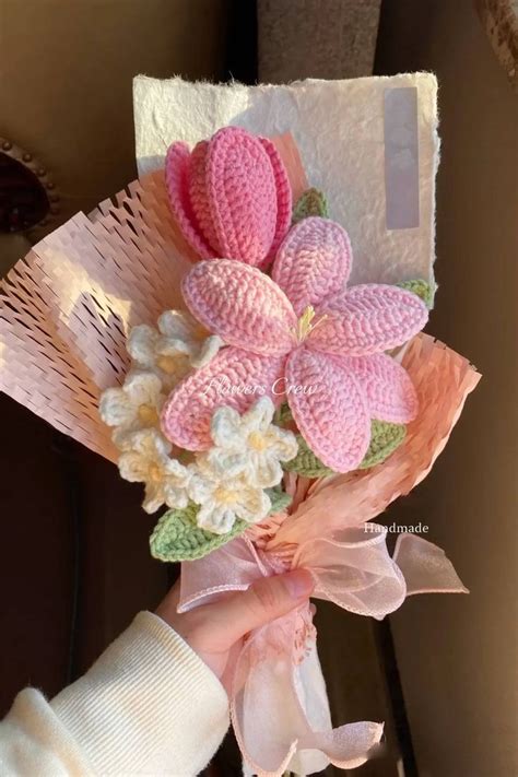 Crochet Tulips Bouquet Small Mixed Flower Bouquet With Pink Tulips And