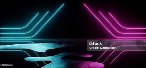 검은색 보라색과 파란색 삼각형 모양의 조명 배경 3d 렌더링 빛나는 네온으로 그런 지 반사 젖은 콘크리트와 빈 추상 과학 Fi 현대 미래의 어두운 방에서 0명에 대한 스톡