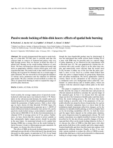Pdf Passive Mode Locking Of Thin Disk Lasers Effects Of Spatial Hole Burning
