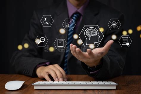 Businessman Using Laptop Computer Icon Virtual Screen Education Online And E Learning On Desk