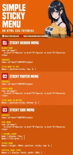 simple sticky menu in html css header footer side