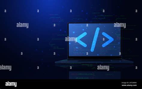 Abstract Programming Code Icon On A Laptop Screen In Light Blue Low Poly Futuristic Style On