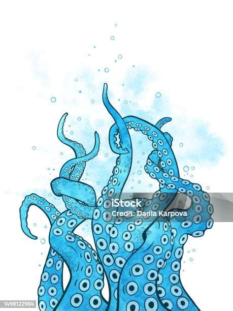 문어 촉수가 말리고 얽힌 손으로 그린 라인 아트는 파란색 수채화 요소 배경 또는 인쇄 디자인 베터 일러스트레이션으로 얽혀 있습니다 거친에 대한 스톡 벡터 아트 및 기타
