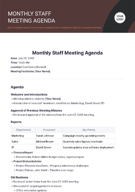 Free Monthly Staff Meeting Agenda Template To Edit Online