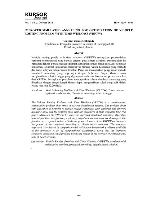 Pdf Improved Simulated Annealing For Optimization Of Vehicle Routing Problem With Time Windows