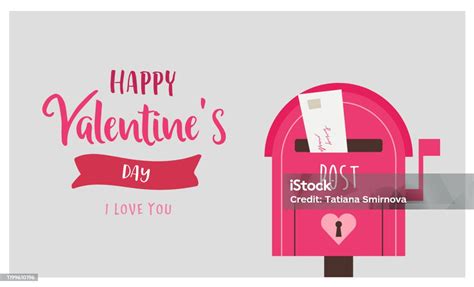 포스트 박스와 러브 레터와 발렌타인 데이 인사말 카드입니다 귀여운 벡터 일러스트 로 플랫 스타일 와 레터링 개념에 대한 스톡