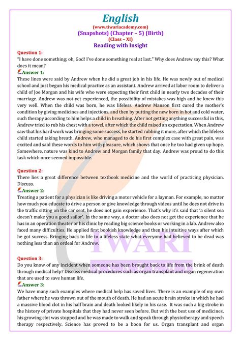 NCERT Solutions For Class English Snapshots Chapter Birth