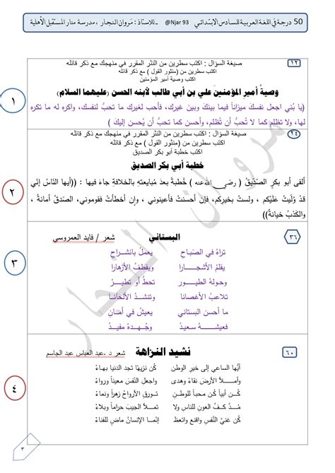 مراجعة مركزة لمادة عربي صف سادس ابتدائي ضمان 50 درجة بـ 5 صفحات