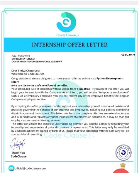 shriya chaturvedi on linkedin codeclause python codeclause offerlatter