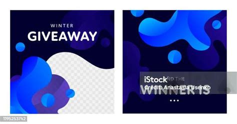 벡터 유체 경품 및 우승자 배너 템플릿 세트입니다 커플 스퀘어 의 그룹은 포스터를 포기합니다 텍스트와 추상 파란색 색상 액체 그림입니다 소셜 미디어 게시물 콘테스트 광고를