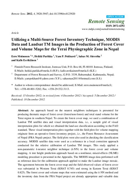 Pdf Utilizing A Multi Source Forest Inventory Technique Modis Data And Landsat Tm Images In