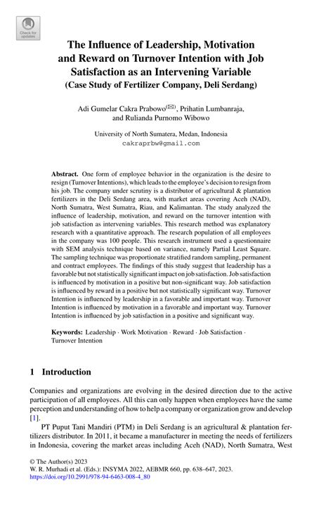 Pdf The Influence Of Leadership Motivation And Reward On Turnover Intention With Job