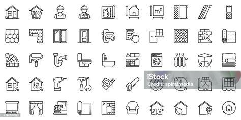 포괄적인 개혁 재활 건설 건축 및 인테리어 디자인으로서의 주택 개조에 대한 라인 아이콘 편집 가능한 획과 완벽한 픽셀 리노베이션에 대한 스톡 벡터 아트 및 기타 이미지