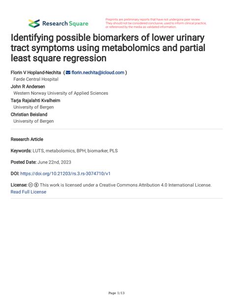 Pdf Identifying Possible Biomarkers Of Lower Urinary Tract Symptoms Using Metabolomics And