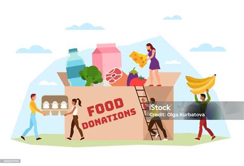 음식 기부 가난한 사람들을 위한 다양한 제품으로 골판지 상자를 채우고 사회 복지를 지원하며 노숙자 벡터 개념을 돕는 지역 사회