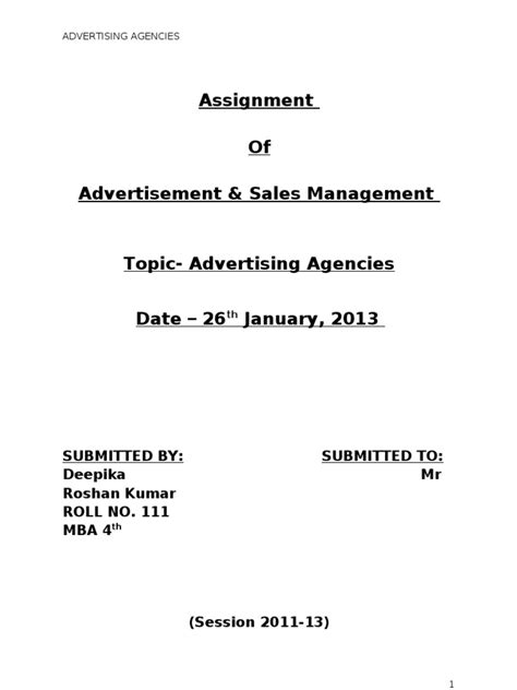 Assignment Of Advertisement And Sales Management Pdf Advertising