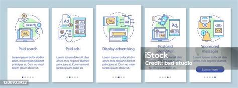 선형 개념으로 모바일 앱 페이지 화면을 온보딩하는 Ppc 채널 미디어 마케팅 광고 네트워크 연습 단계 그래픽 지침 Ux Ui 그림이 있는 Gui 벡터 템플릿 5에 대한 스톡