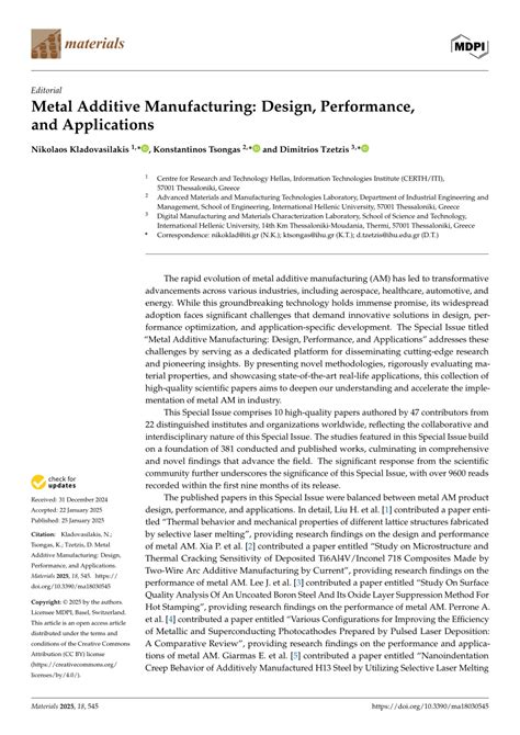 Pdf Metal Additive Manufacturing Design Performance And Applications