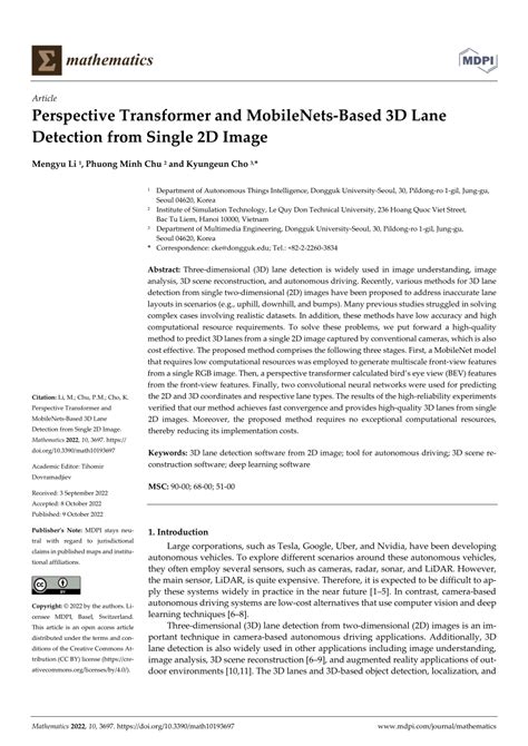 PDF Perspective Transformer And MobileNets Based D Lane Detection From Single D Image