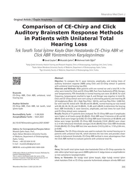 Pdf Comparison Of Ce Chirp And Click Auditory Brainstem Response