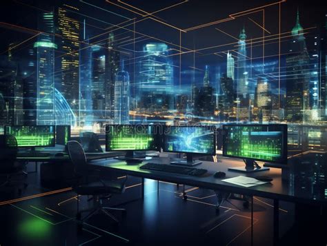 Modern Neon Cyberpunk Open Space Office Interior Corporate Strategy