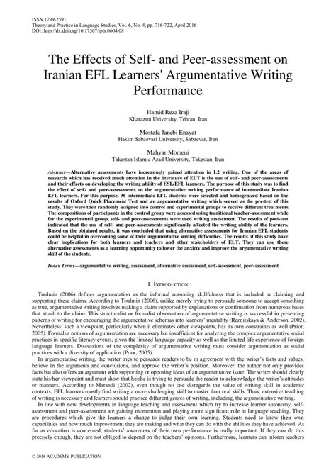 Pdf The Effects Of Self And Peer Assessment On Iranian Efl Learners Argumentative Writing